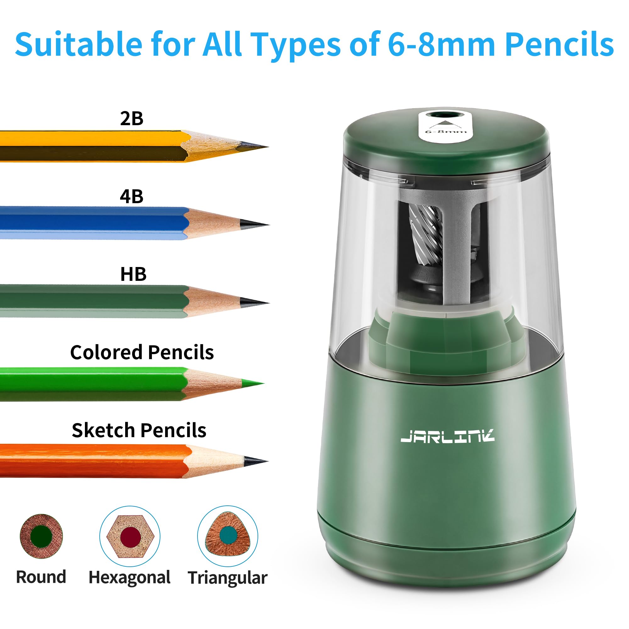JARLINK Electric Pencil Sharpener, Heavy-Duty Helical Blade to Fast Sharpen, Auto Stop for No.2/Colored Pencils(6-8mm), USB/Battery Operated in School Classroom/Office/Home (Green)