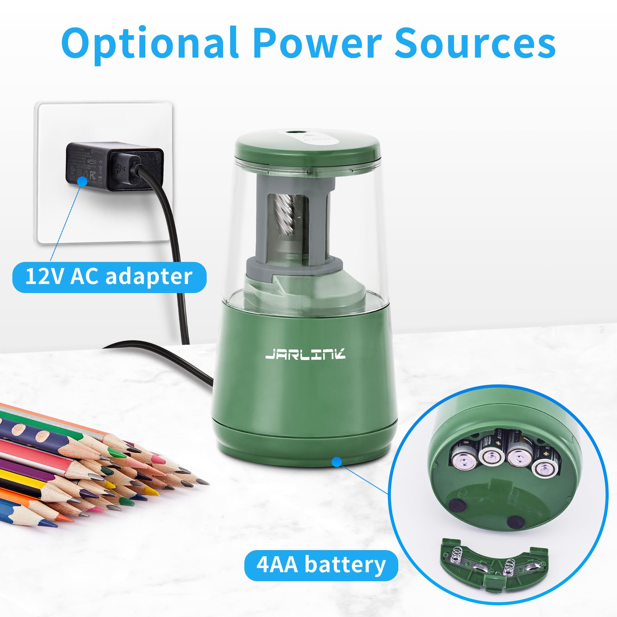 JARLINK Electric Pencil Sharpener, Heavy-Duty Helical Blade to Fast Sharpen, Auto Stop for No.2/Colored Pencils(6-8mm), USB/Battery Operated in School Classroom/Office/Home (Green)