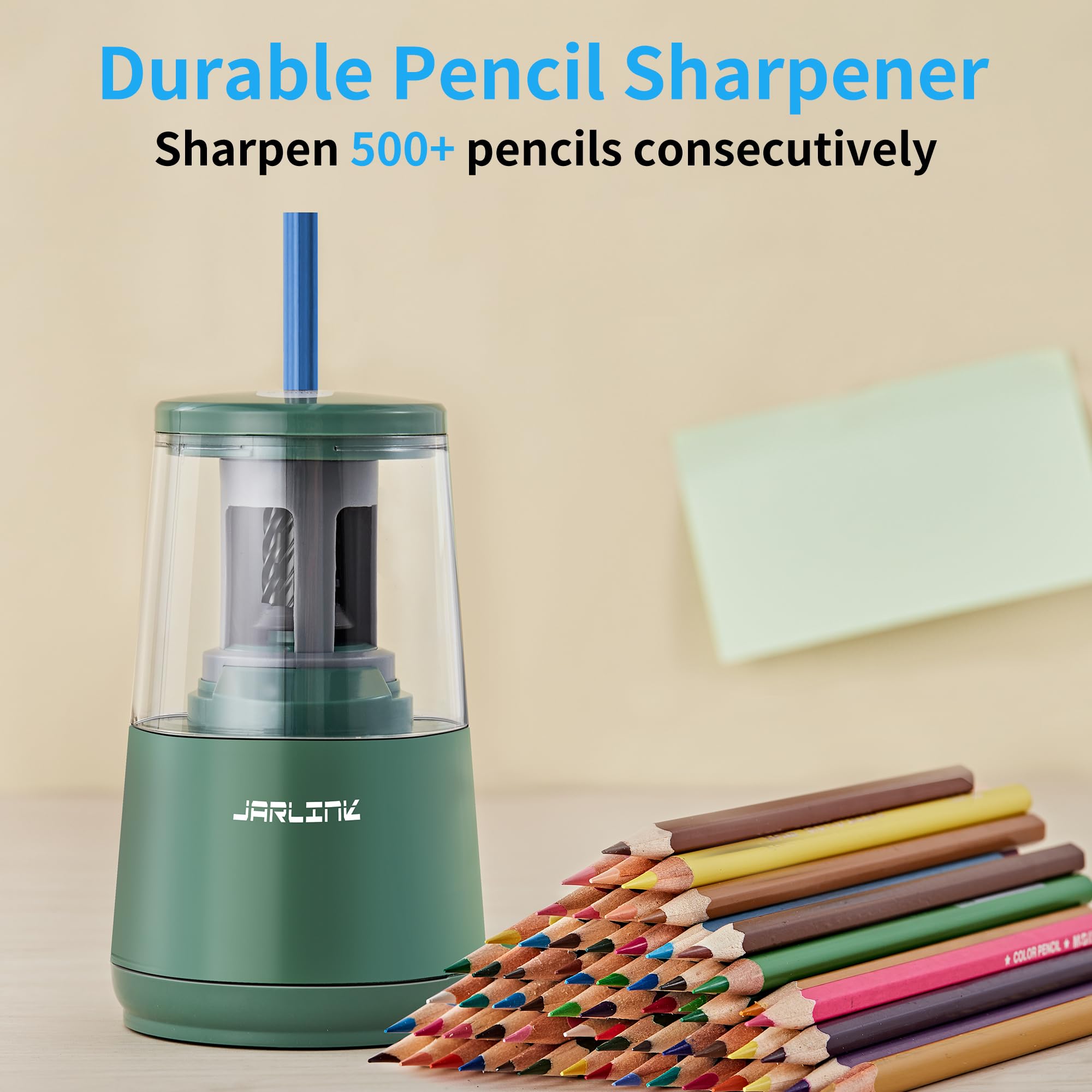 JARLINK Electric Pencil Sharpener, Heavy-Duty Helical Blade to Fast Sharpen, Auto Stop for No.2/Colored Pencils(6-8mm), USB/Battery Operated in School Classroom/Office/Home (Green)