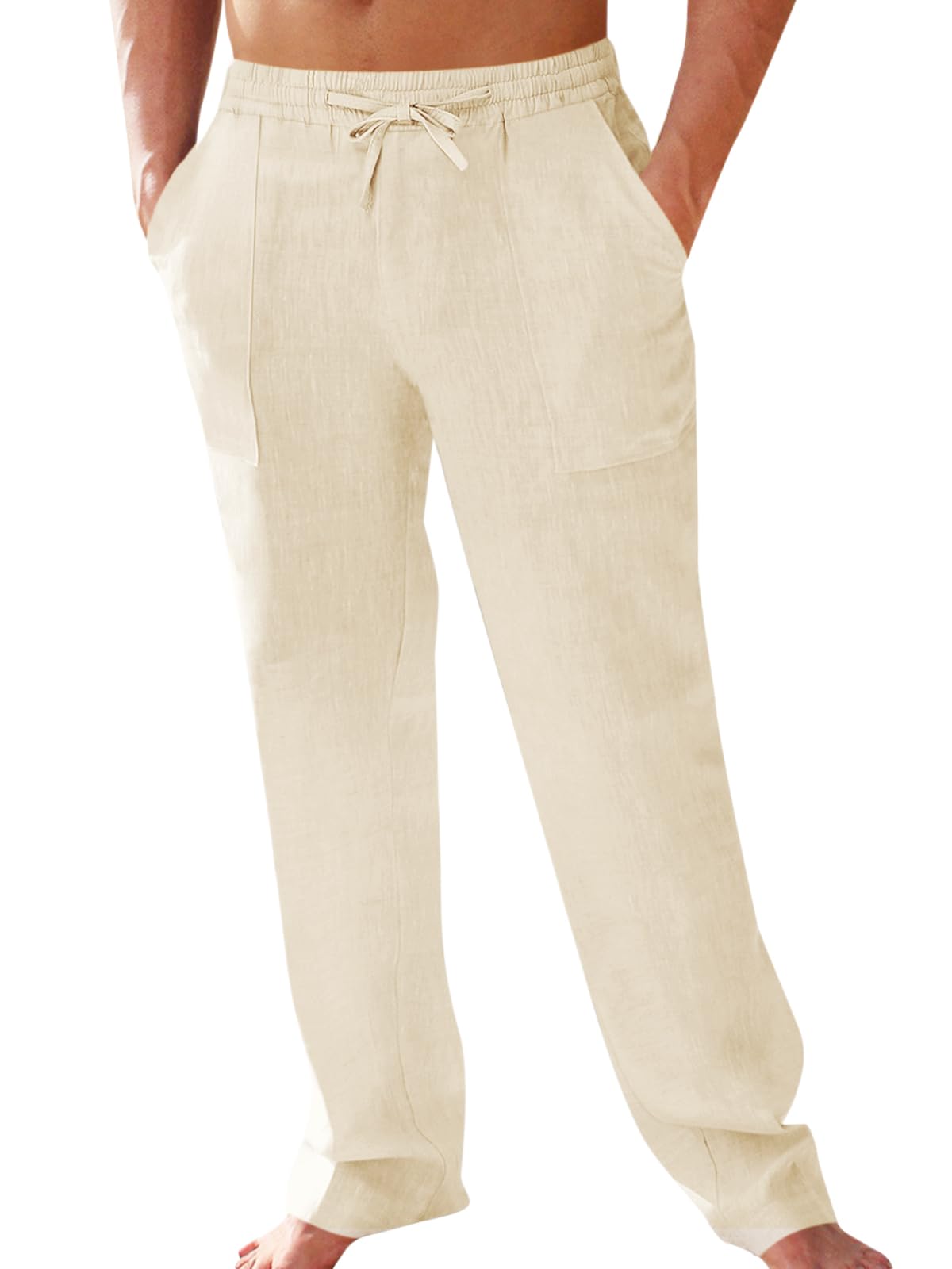 PASLTER Men's Cotton Linen Pants Elastic Waist Drawstring Casual Trouser Lightweight Straight-Legs Loose Beach Yoga Pants Beige