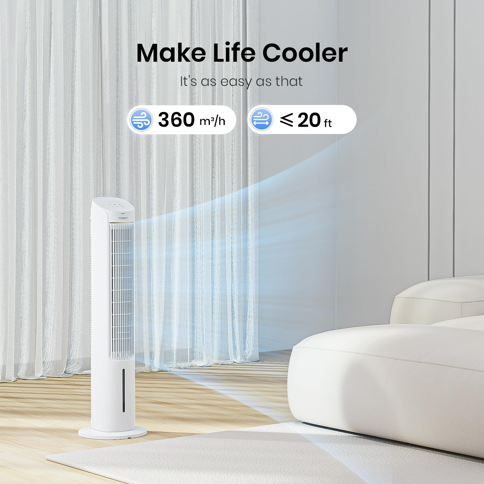 TOSOT Tower Fan Oscillating 80°, Cooling Fan with 2 Ice Packs, CFM 360m³/h, 3 Speed Quiet Fan with Remote Control, 7 Hours Timer, Humidifiers with Removable 4L Water Tank, Floor Fan for Home Bedroom