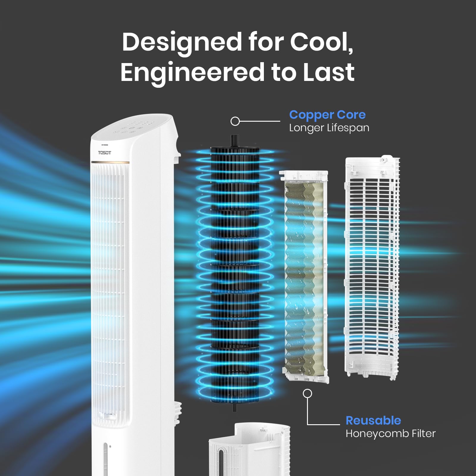 TOSOT Tower Fan Oscillating 80°, Cooling Fan with 2 Ice Packs, CFM 360m³/h, 3 Speed Quiet Fan with Remote Control, 7 Hours Timer, Humidifiers with Removable 4L Water Tank, Floor Fan for Home Bedroom