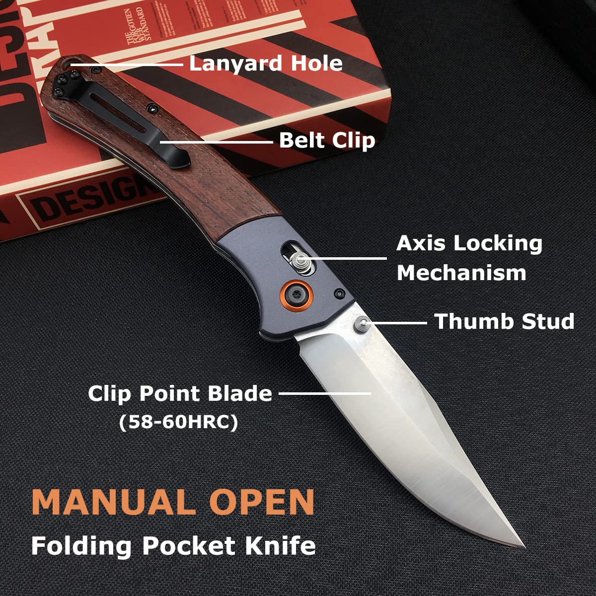 Everyday Carry Crooked River Knife, Axis Lock Knife with 3.7’’ D2 Steel Blade Wood Handle, EDC Manual Open Folding Pocket Knife with Thumb Stud, Belt Clip for Camping