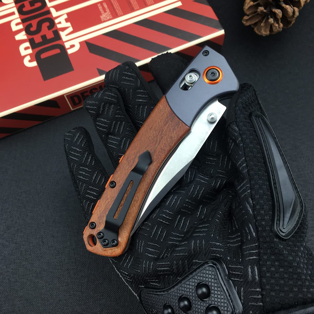 Everyday Carry Crooked River Knife, Axis Lock Knife with 3.7’’ D2 Steel Blade Wood Handle, EDC Manual Open Folding Pocket Knife with Thumb Stud, Belt Clip for Camping