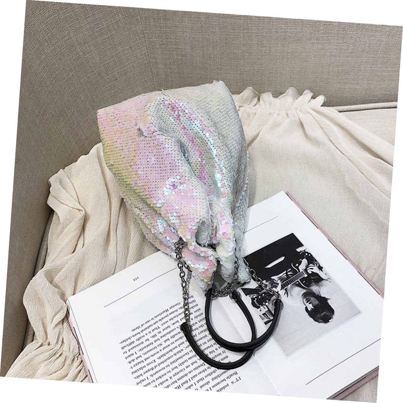 OSALADI Luxury Sequin Messenger Bag Women's Bucket Bag with Chain Large Capacity Tote Shiny Sequin Design White