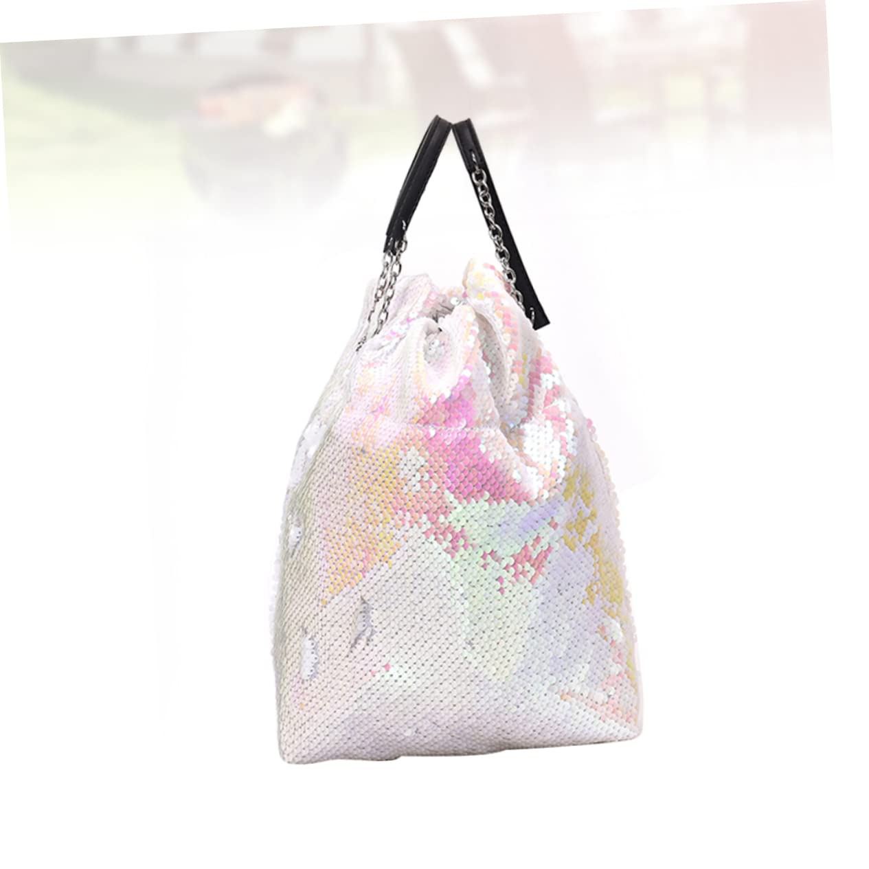 OSALADI Luxury Sequin Messenger Bag Women's Bucket Bag with Chain Large Capacity Tote Shiny Sequin Design White