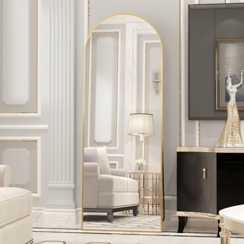 Poseerkey Arched Full Length Mirror 64" x 21", with Stand Large Floor Mirror, Full Body Mirror Standing Hanging or Leaning Against Wall Mirror for Bedroom, Living Room, Gold