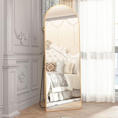 Poseerkey Arched Full Length Mirror 64" x 21", with Stand Large Floor Mirror, Full Body Mirror Standing Hanging or Leaning Against Wall Mirror for Bedroom, Living Room, Gold