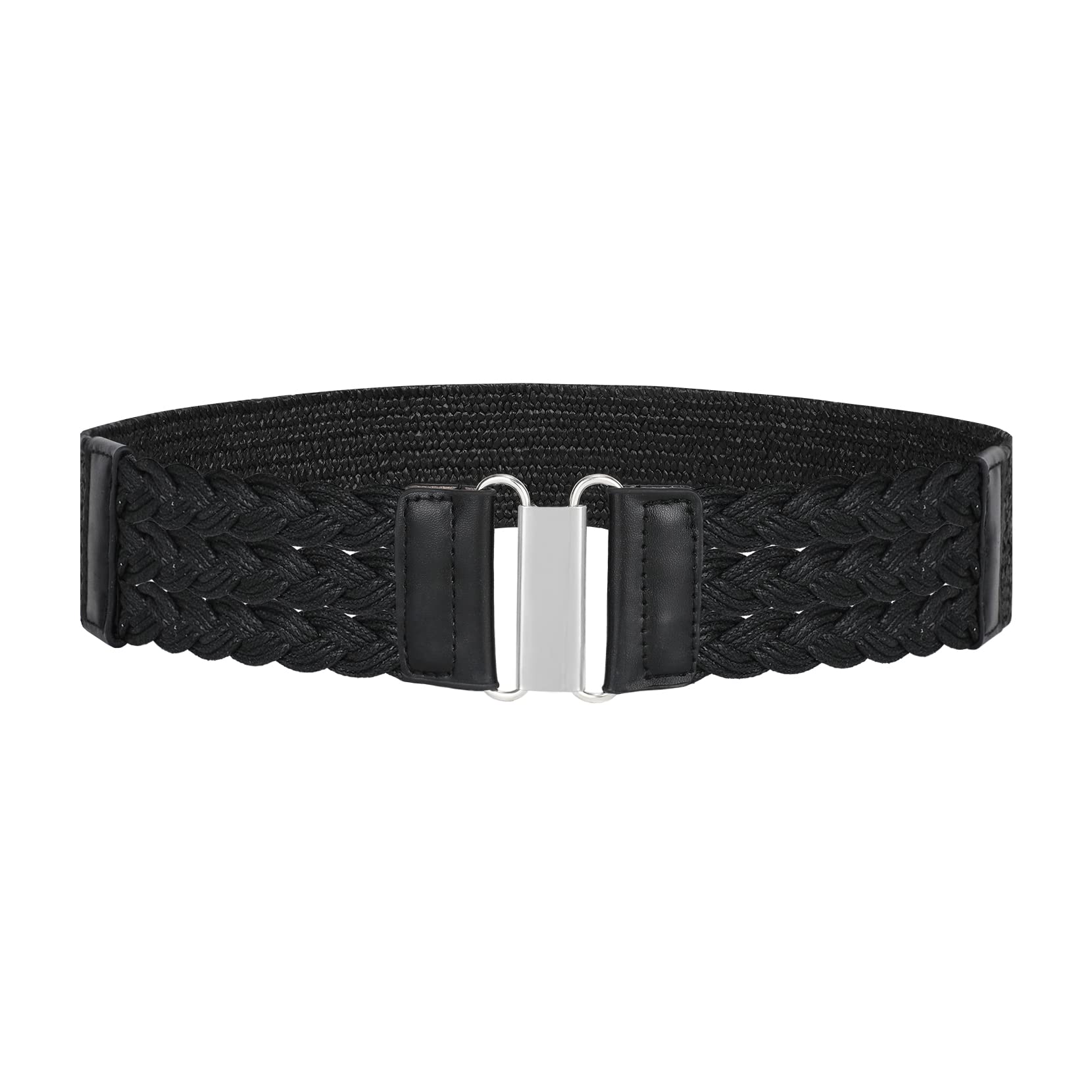 JASGOOD Straw Woven Elastic Belt Summer Boho Braided Dress Belt Women Stretch Waist Belt, C-Black, Fit Waist 30"-34"
