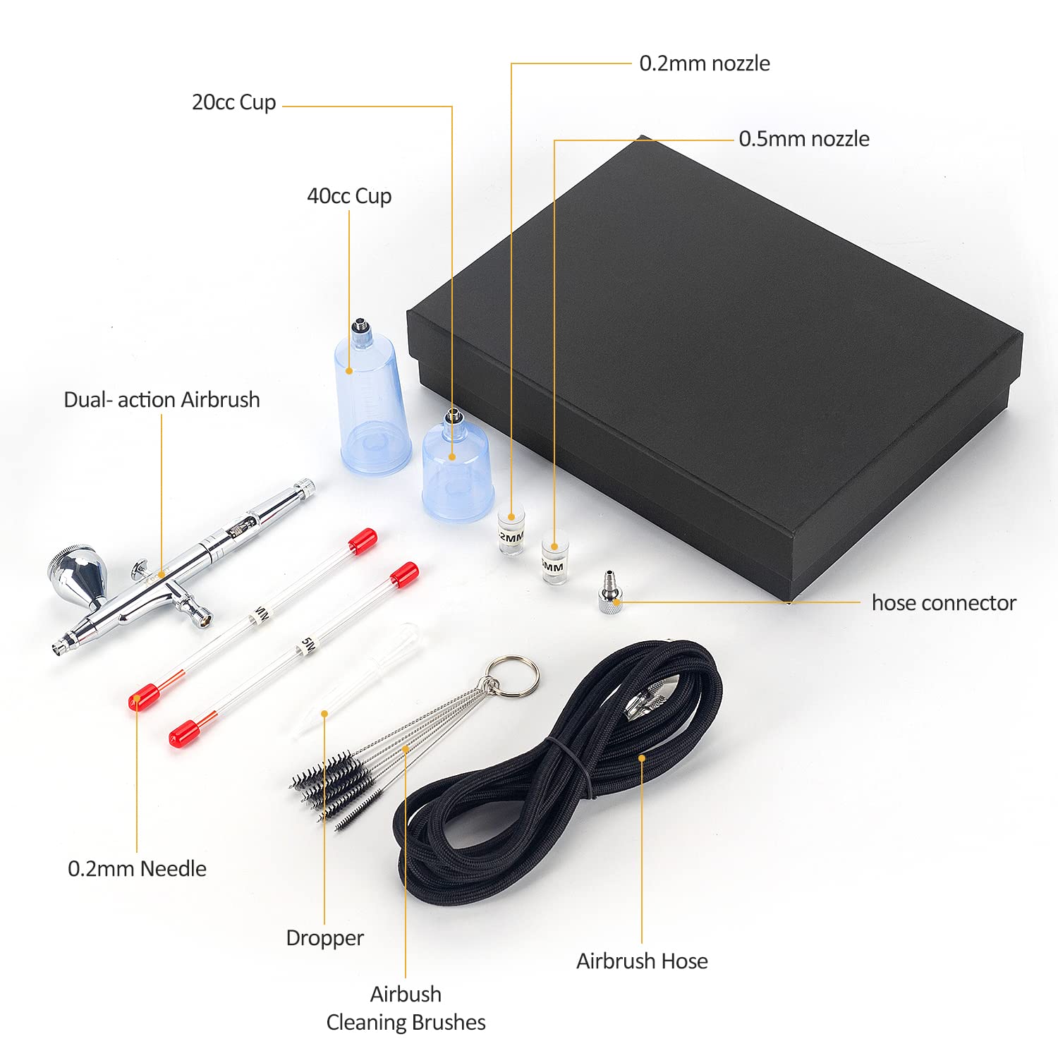 XDOVET Dual-Action Airbrush Kit Air Brush Painting Set with 0.2mm/0.3mm/0.5mm Needles,7cc/20cc/40cc Paint Cup, Air Hose for Tattoo, Makeup, Nail, Model, Art Hobby - for Pro & Beginner