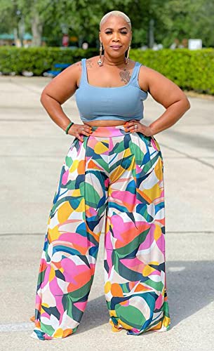 Acatmew Plus Size Womens Palazzo Long Pants High Waist Wide Leg Casual Trousers with Pocket