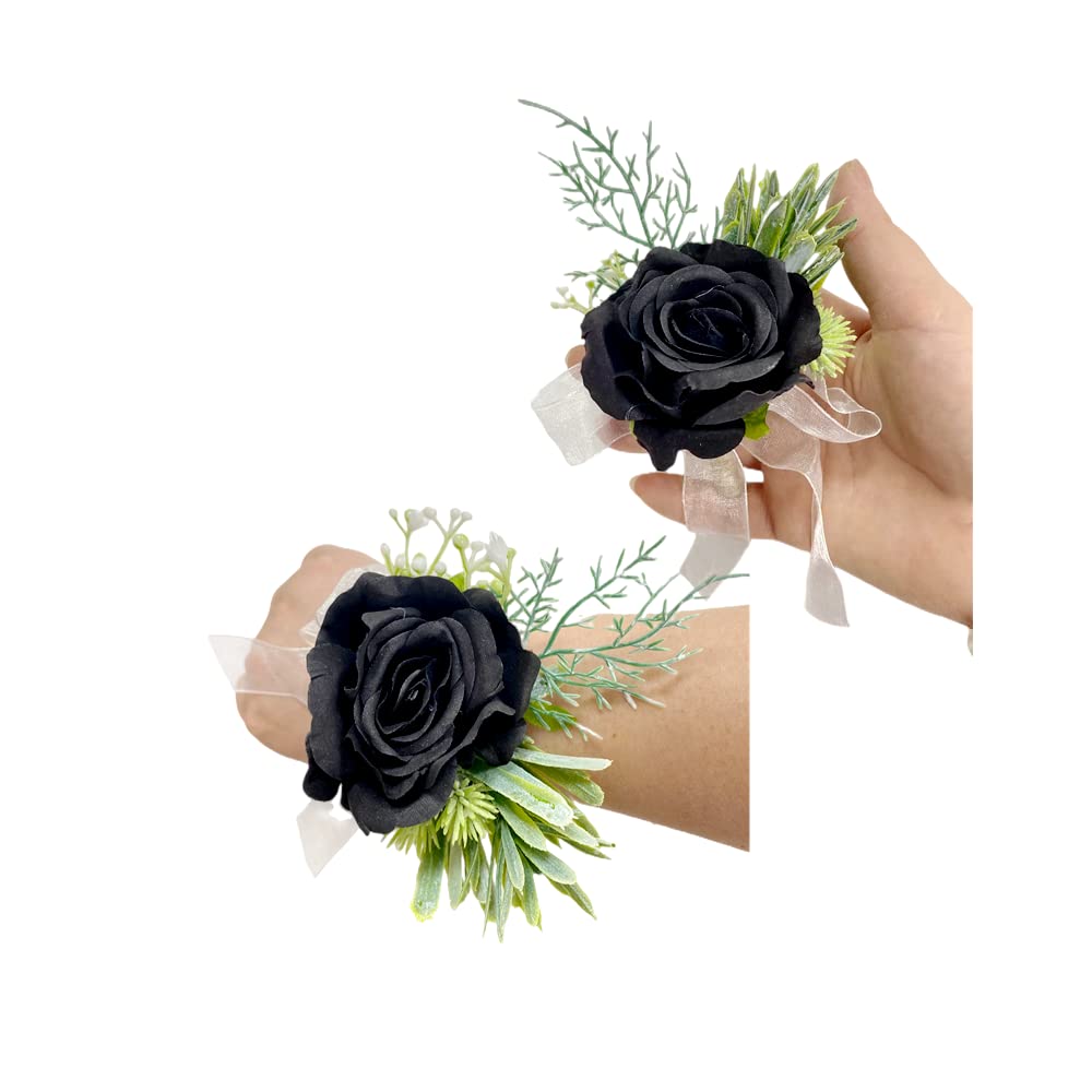 Rikyo Rose Wrist Corsage Wristlet Band Bracelet and Men Boutonniere Set, Corsage for Prom,Bride Hand Flower Flowers Ceremony,Wedding Party Prom Decor,DIY Petals Hair Hat Wreath (Black)