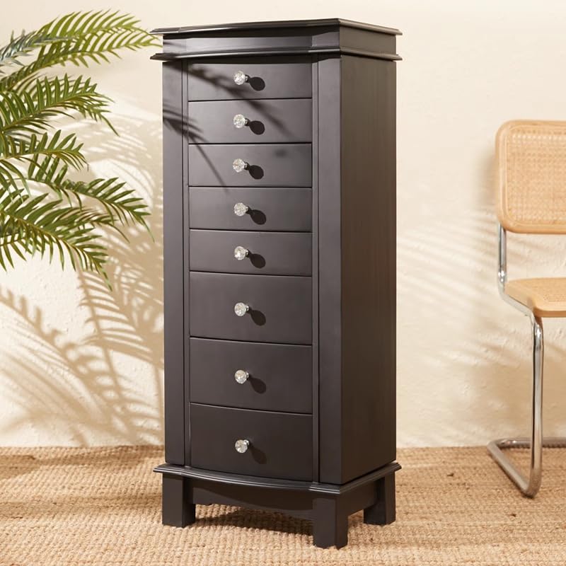 Jewelry Armoire with Mirror, 7 Drawers & 24 Necklace Hooks, 2 Side Swing Doors(Black Brown) (17.8 x 13 x 40)"