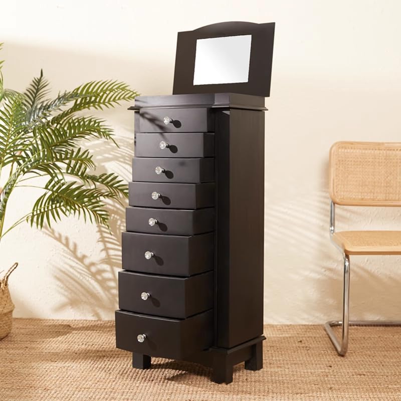 Jewelry Armoire with Mirror, 7 Drawers & 24 Necklace Hooks, 2 Side Swing Doors(Black Brown) (17.8 x 13 x 40)"