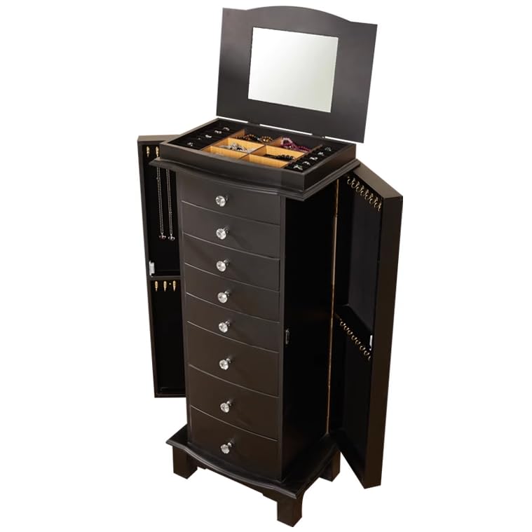 Jewelry Armoire with Mirror, 7 Drawers & 24 Necklace Hooks, 2 Side Swing Doors(Black Brown) (17.8 x 13 x 40)"
