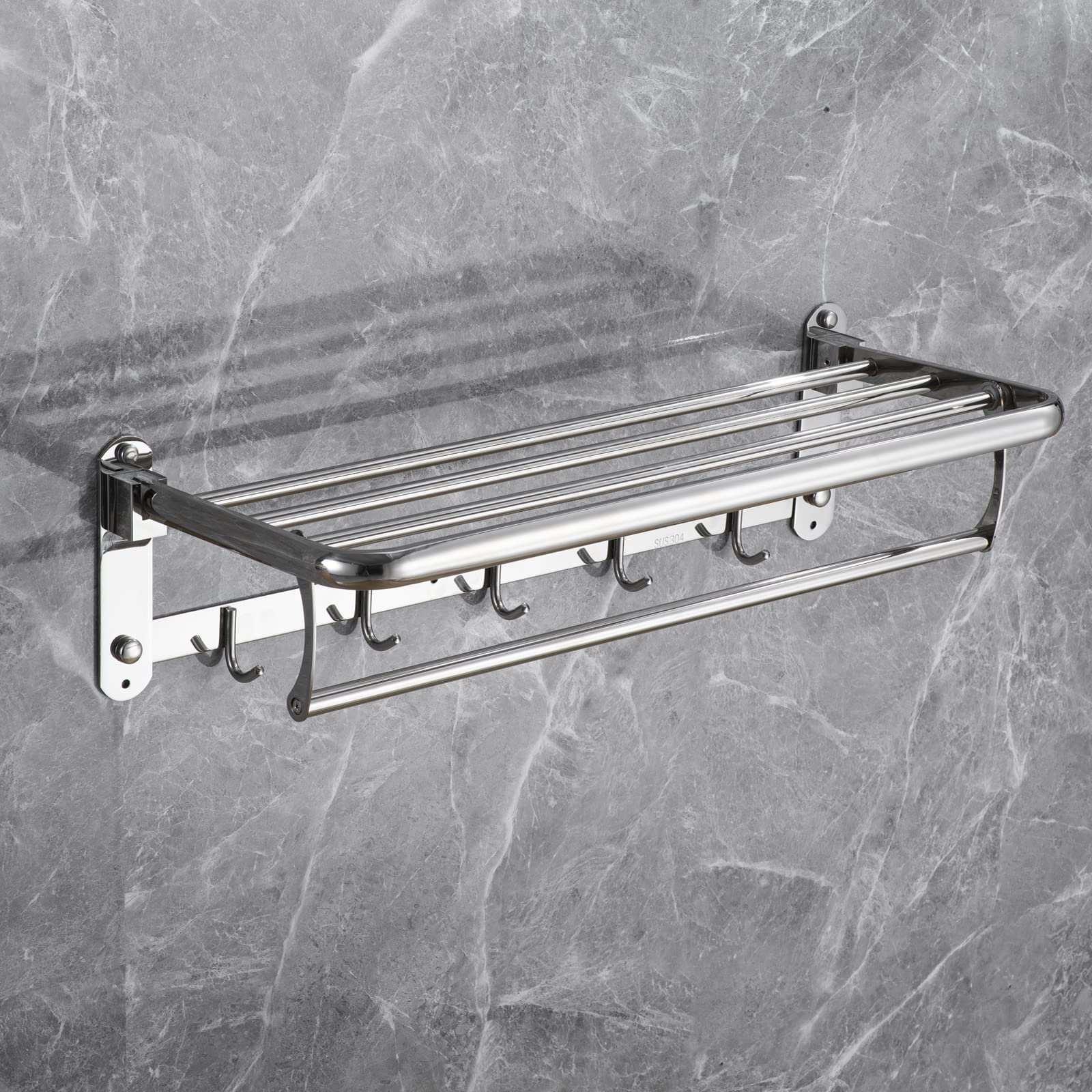 Towel Rack - Stainless Steel BathTowel Rack,Polished 304 Stainless Steel 5 Hooks Towel Shelf,23 inches Foldable Wall Mounted Bathroom Towel Holder