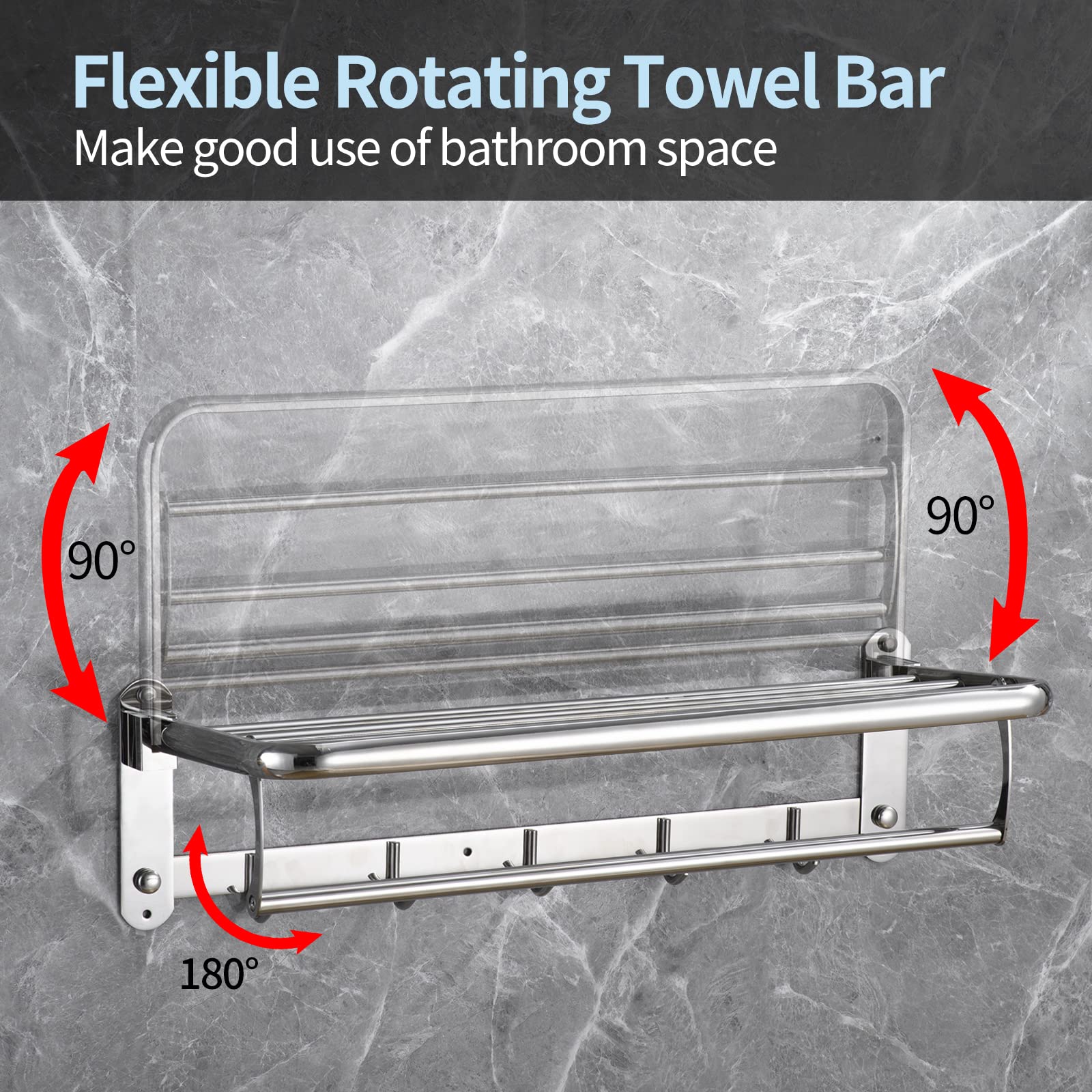Towel Rack - Stainless Steel BathTowel Rack,Polished 304 Stainless Steel 5 Hooks Towel Shelf,23 inches Foldable Wall Mounted Bathroom Towel Holder