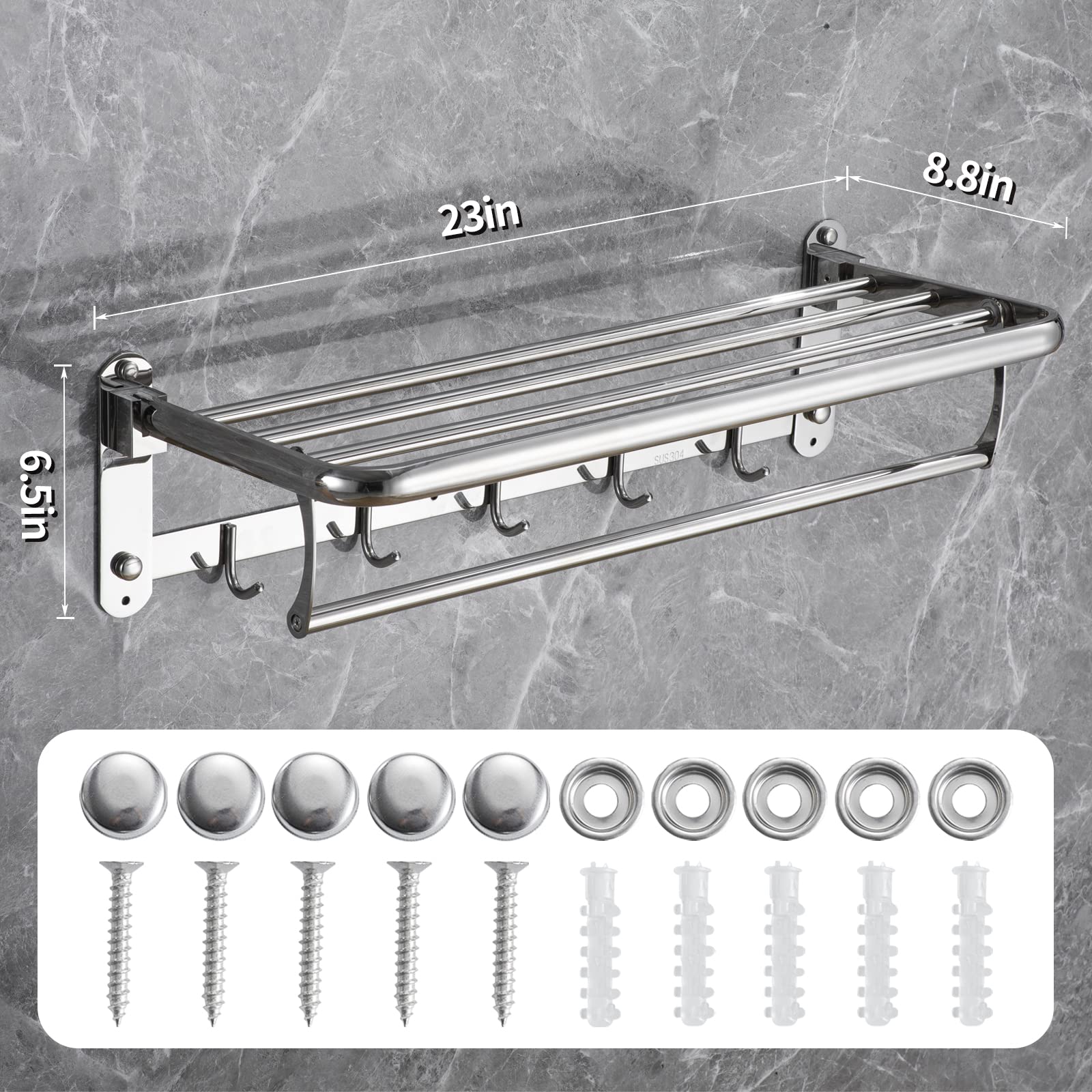Towel Rack - Stainless Steel BathTowel Rack,Polished 304 Stainless Steel 5 Hooks Towel Shelf,23 inches Foldable Wall Mounted Bathroom Towel Holder