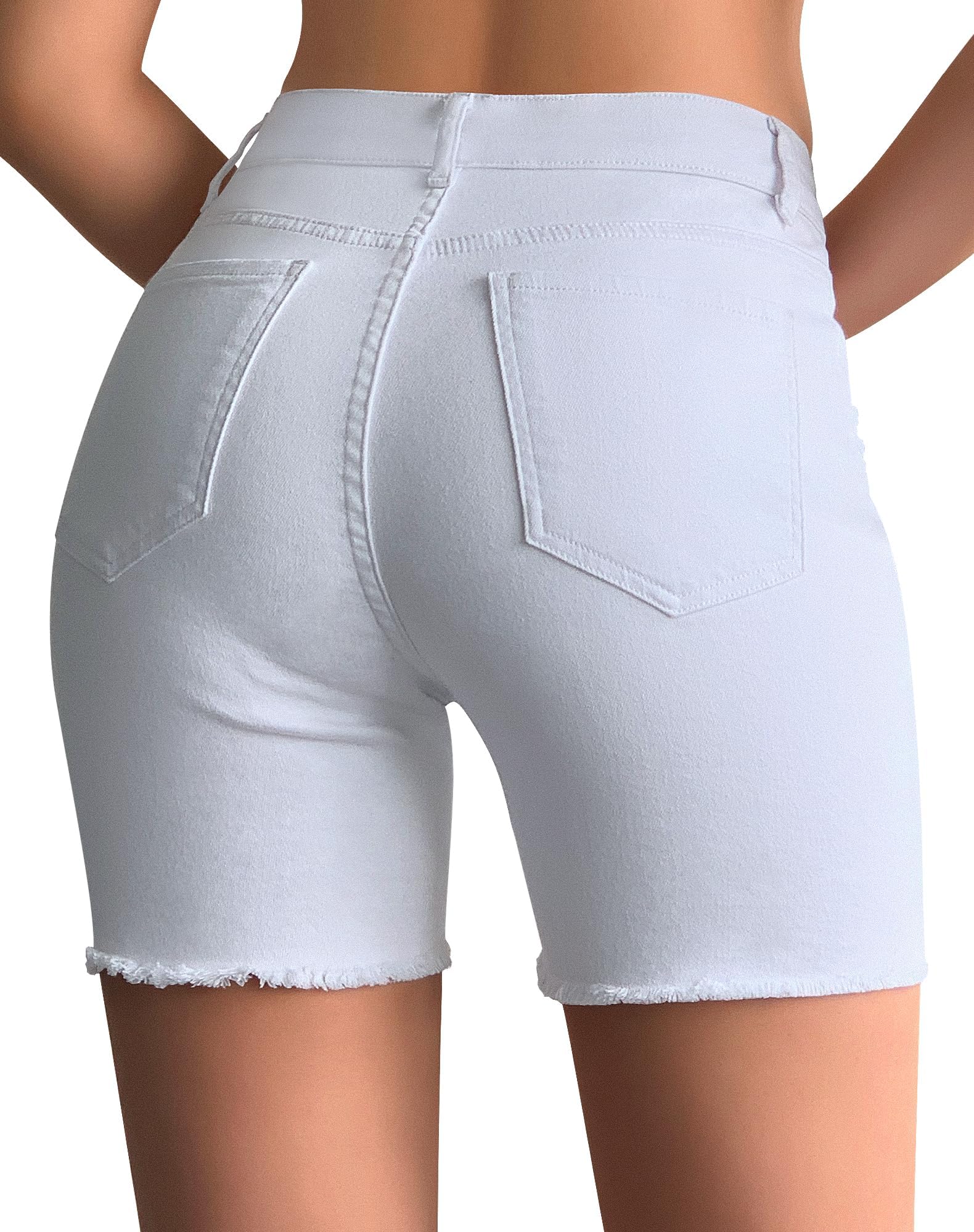 roswear Women’s Casual Summer Ripped High Waisted Denim Shorts Stretch Distressed Frayed Raw Hem Jean Shorts White Large