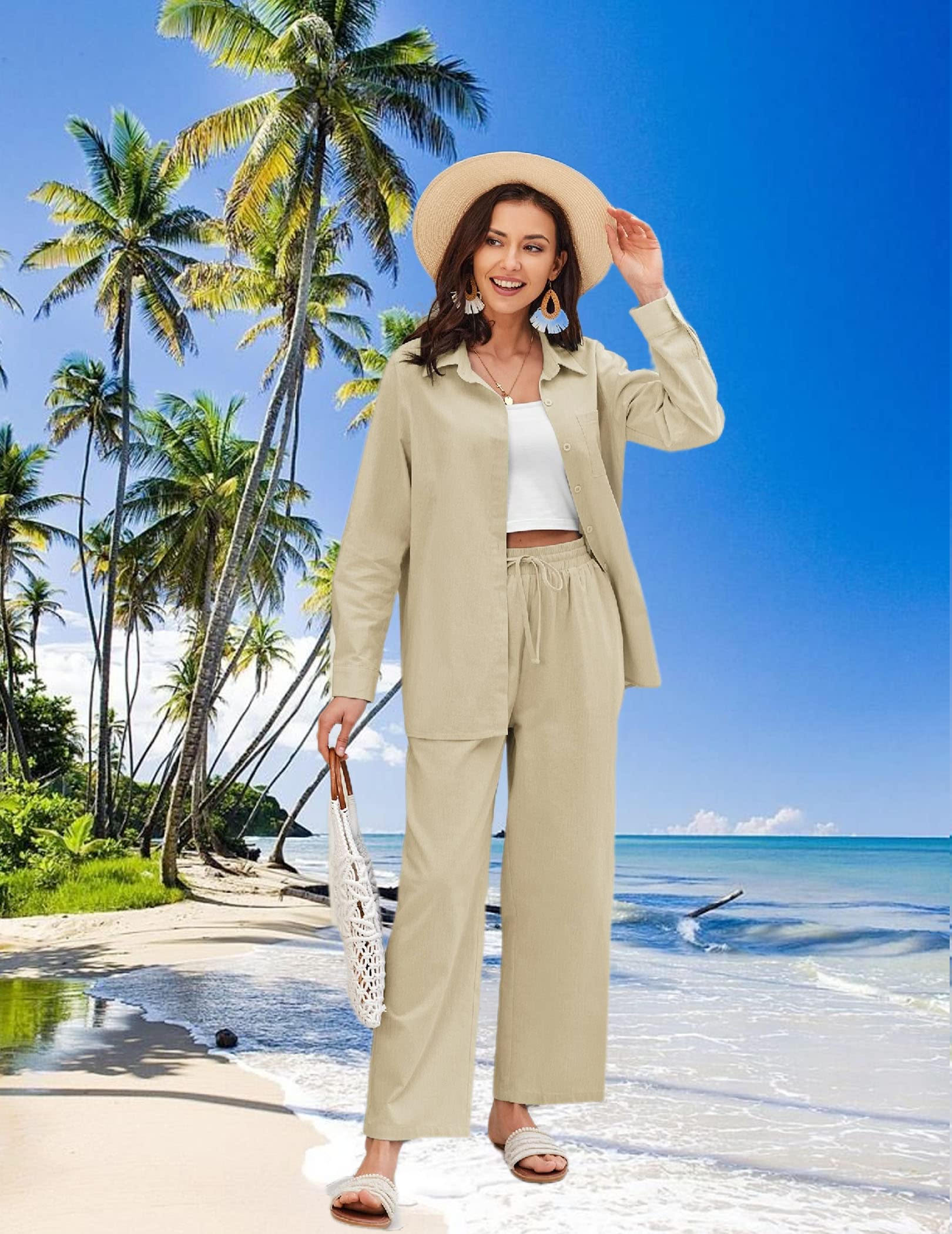 Zeagoo Women Linen Suit Two Piece Outfits Summer Beach Linen Shirt and Pants Set