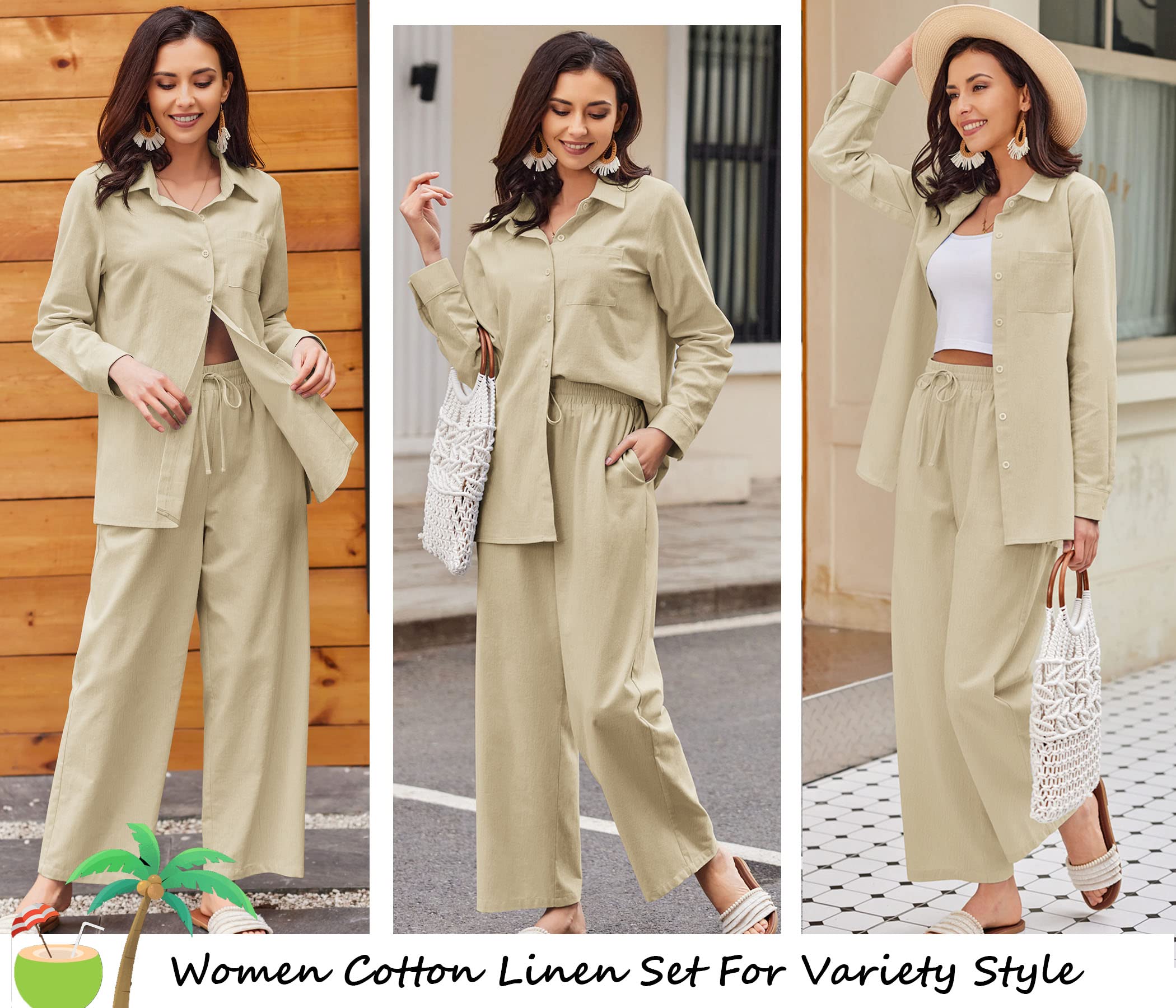 Zeagoo Women Linen Suit Two Piece Outfits Summer Beach Linen Shirt and Pants Set