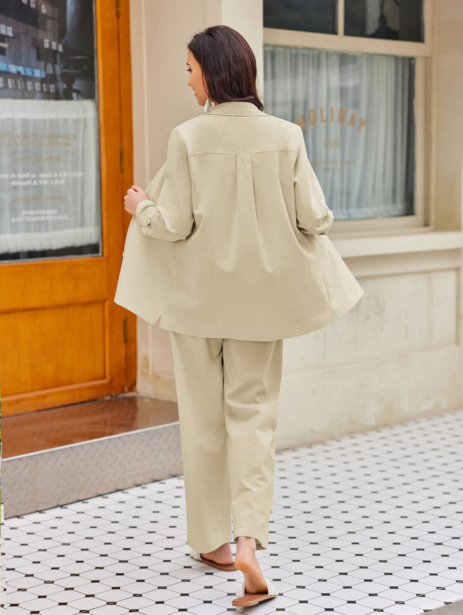 Zeagoo Women Linen Suit Two Piece Outfits Summer Beach Linen Shirt and Pants Set