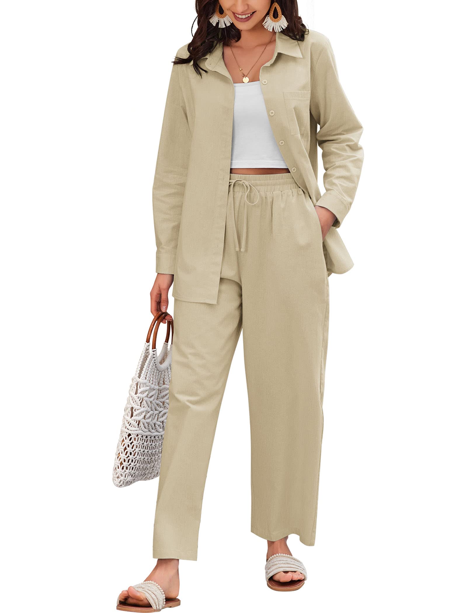 Zeagoo Women Linen Suit Two Piece Outfits Summer Beach Linen Shirt and Pants Set