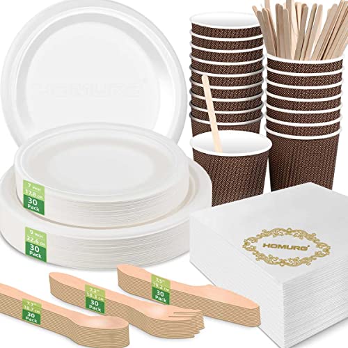 HOMURG Party Paper Plates and Napkins & Cups & Cutlery Set, 240 PCS Compostable Dessert & Dinner Plate + Napkin + Cup + Flatware, Disposable Christmas Birthday Plates and Napkins for 30 Guests