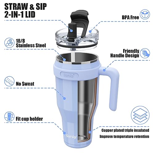 Sursip 40oz Insulated Tumbler with Handle and Flip Straw,Stainless Steel Travel Mug 2 in 1 Straw Lid-Leak Proof Keeps Drinks Cold for 24 Hours-Sweat Proof,Fit in Cup Holder-Dark green