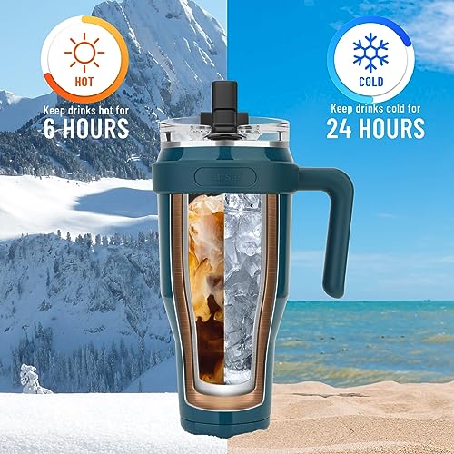 Sursip 40oz Insulated Tumbler with Handle and Flip Straw,Stainless Steel Travel Mug 2 in 1 Straw Lid-Leak Proof Keeps Drinks Cold for 24 Hours-Sweat Proof,Fit in Cup Holder-Dark green