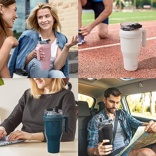 Sursip 40oz Insulated Tumbler with Handle and Flip Straw,Stainless Steel Travel Mug 2 in 1 Straw Lid-Leak Proof Keeps Drinks Cold for 24 Hours-Sweat Proof,Fit in Cup Holder-Dark green