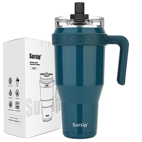 Sursip 40oz Insulated Tumbler with Handle and Flip Straw,Stainless Steel Travel Mug 2 in 1 Straw Lid-Leak Proof Keeps Drinks Cold for 24 Hours-Sweat Proof,Fit in Cup Holder-Dark green