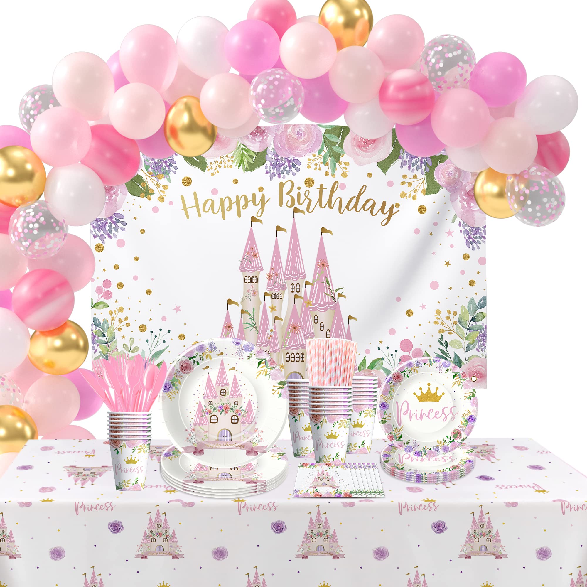 HIPVVILD Princess Birthday Decorations - Princess Birthday Party Supplies, Plate, Cup, Napkin, Balloon Arch, Backdrop, Tablecloth, Cutlery, Princess Party Decorations Tableware Supplies | Serve 24