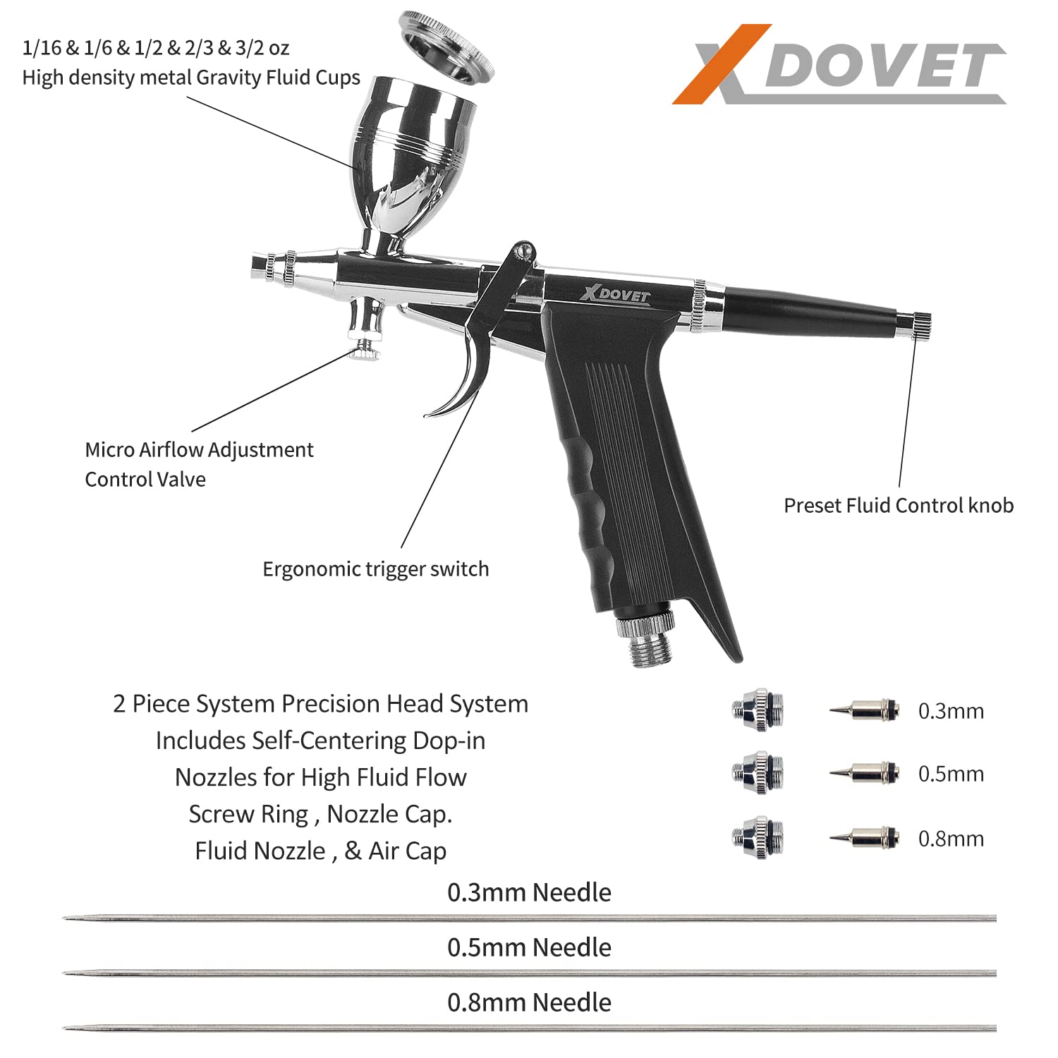 XDOVET Dual-Action Trigger Airbrush Kit Air Brush Painting Set with 0.3mm/0.5mm/0.8mm Needles,2cc/5cc/13cc/20cc/40cc Paint Cup, Air Hose for Tattoo, Makeup, Nail, Model, Art Hobby - for Pro & Beginner