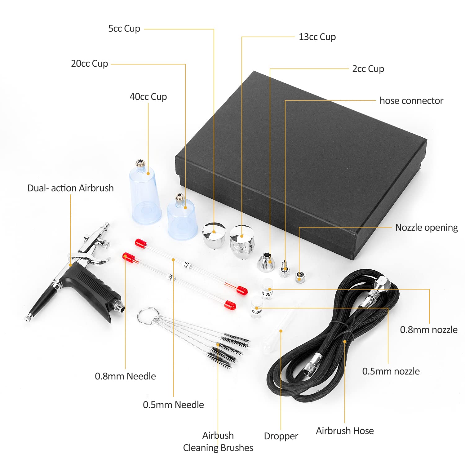XDOVET Dual-Action Trigger Airbrush Kit Air Brush Painting Set with 0.3mm/0.5mm/0.8mm Needles,2cc/5cc/13cc/20cc/40cc Paint Cup, Air Hose for Tattoo, Makeup, Nail, Model, Art Hobby - for Pro & Beginner