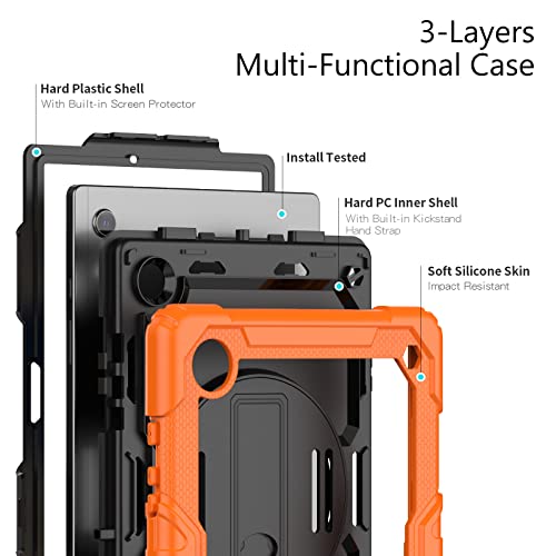 Case for Samsung Galaxy Tab A8 10.5 Inch 2022 Protective Shockproof Tablet Cover with Kickstand Hand/Shoulder Strap Pencil Holder for Samsung Galaxy SM-X200 SM-X205 (Orange)