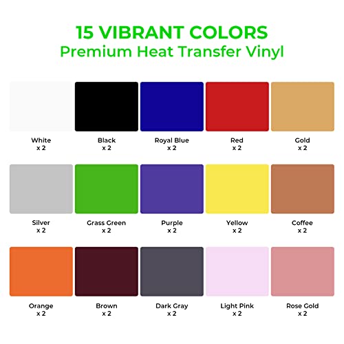 HTV Heat Transfer Vinyl - 30 Packs 12" x 10" Ultra-Stretchable Iron on Vinyl for T-Shirts, 15 Vibrant Colors HTV Vinyl Bundle, Upgraded PU Heat Transfer Vinyl Sheets, Premium HTV Vinyl for Cricut
