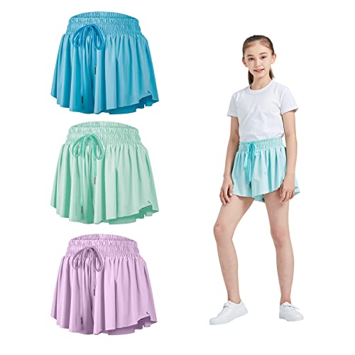 Leftear Flowy Skirt Shorts for Teen Girls Gym Yoga Athletic Workout Running Women Cute Tennis Skorts Skirts High Waisted Preppy Trendy Clothes Summer(Light Blue Green Lavender,S)