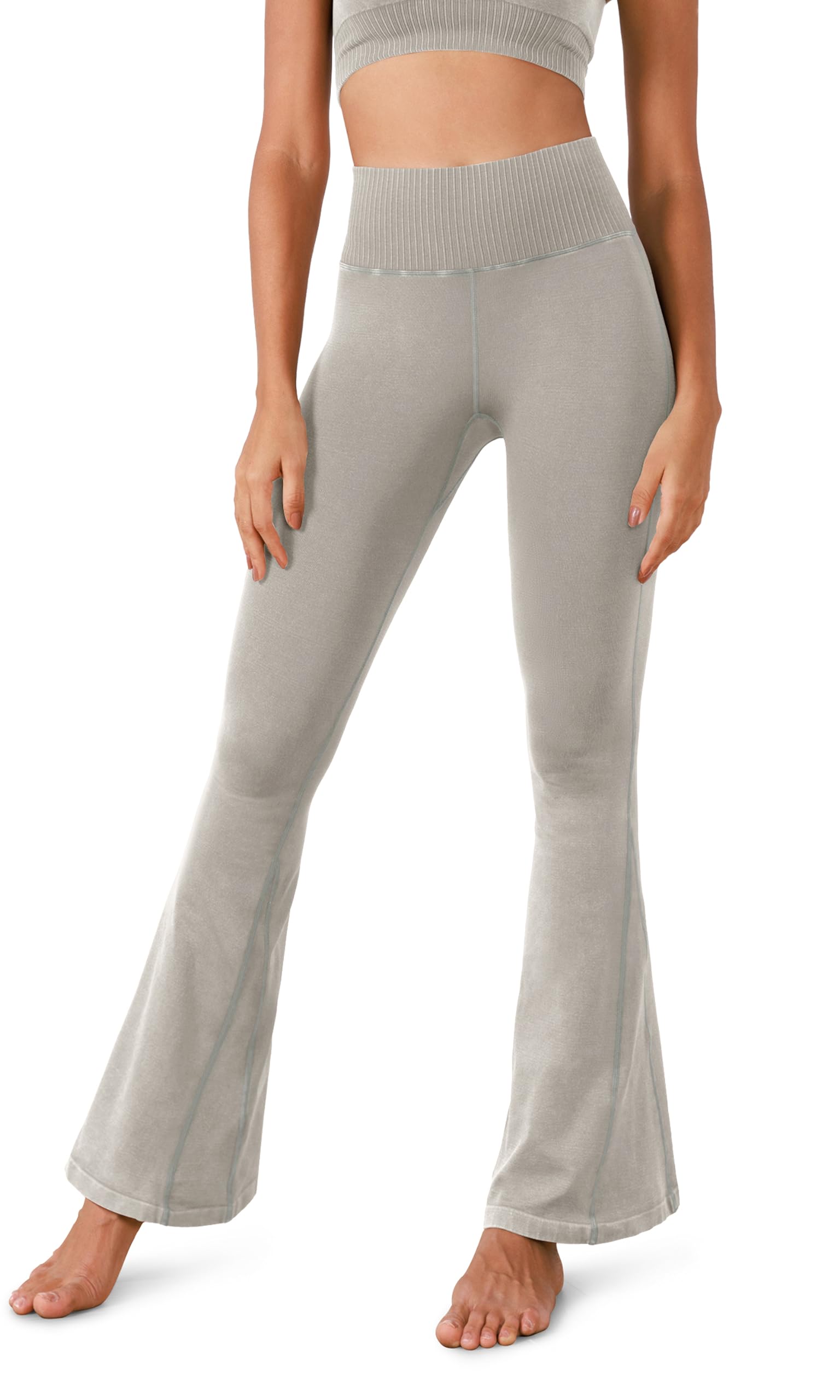 ODODOS Seamless Flare Leggings for Women Ribbed High Waist Gym Workout Casual Bootcut Yoga Pants, Grey, Medium/Large