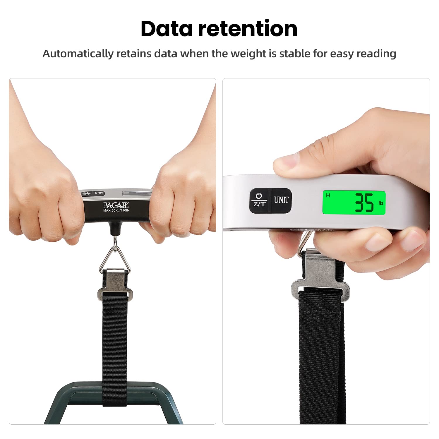 BAGAIL Digital Luggage Scale,110lbs Hanging Baggage Scale with Backlit LCD Display,Portable Suitcase Weighing Scale,Travel Luggage Weight Scale with Hook,Strong Straps for Travelers.(Silver with Temp）