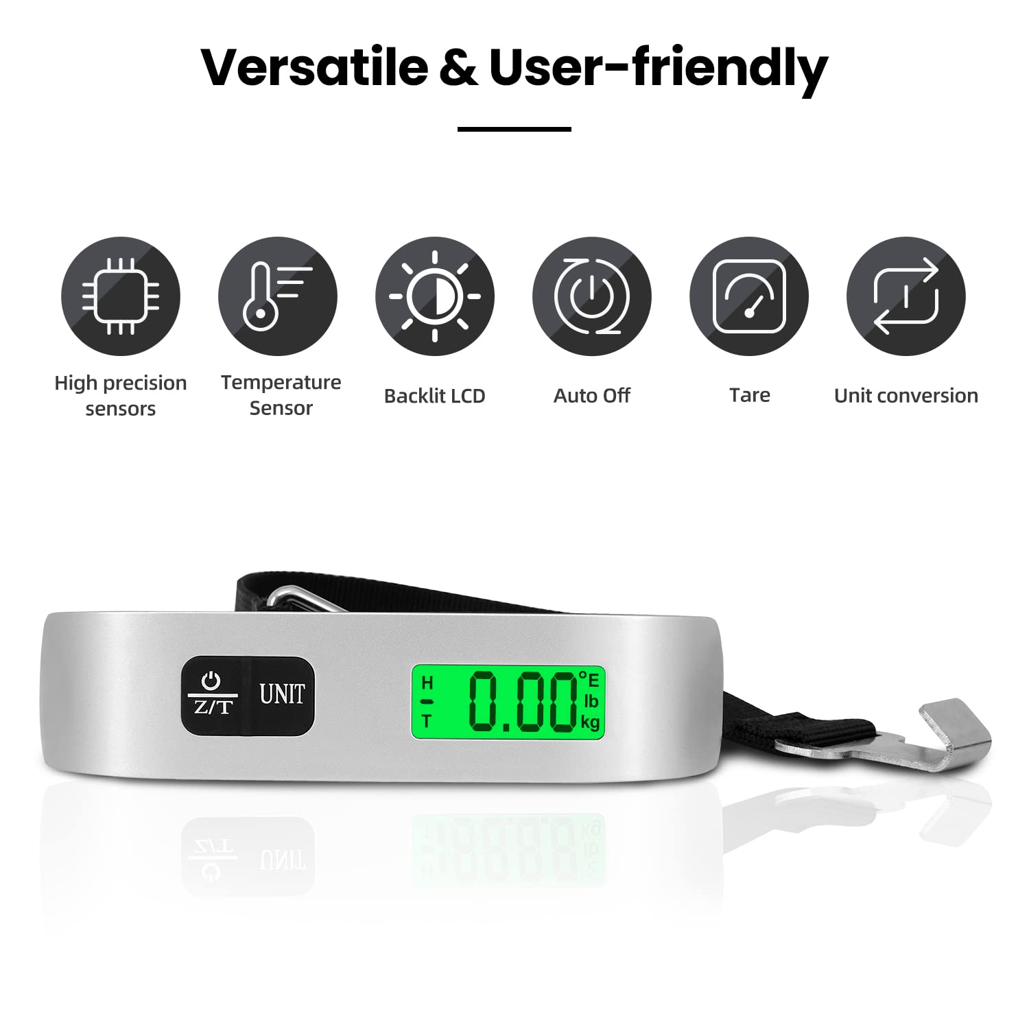 BAGAIL Digital Luggage Scale,110lbs Hanging Baggage Scale with Backlit LCD Display,Portable Suitcase Weighing Scale,Travel Luggage Weight Scale with Hook,Strong Straps for Travelers.(Silver with Temp）