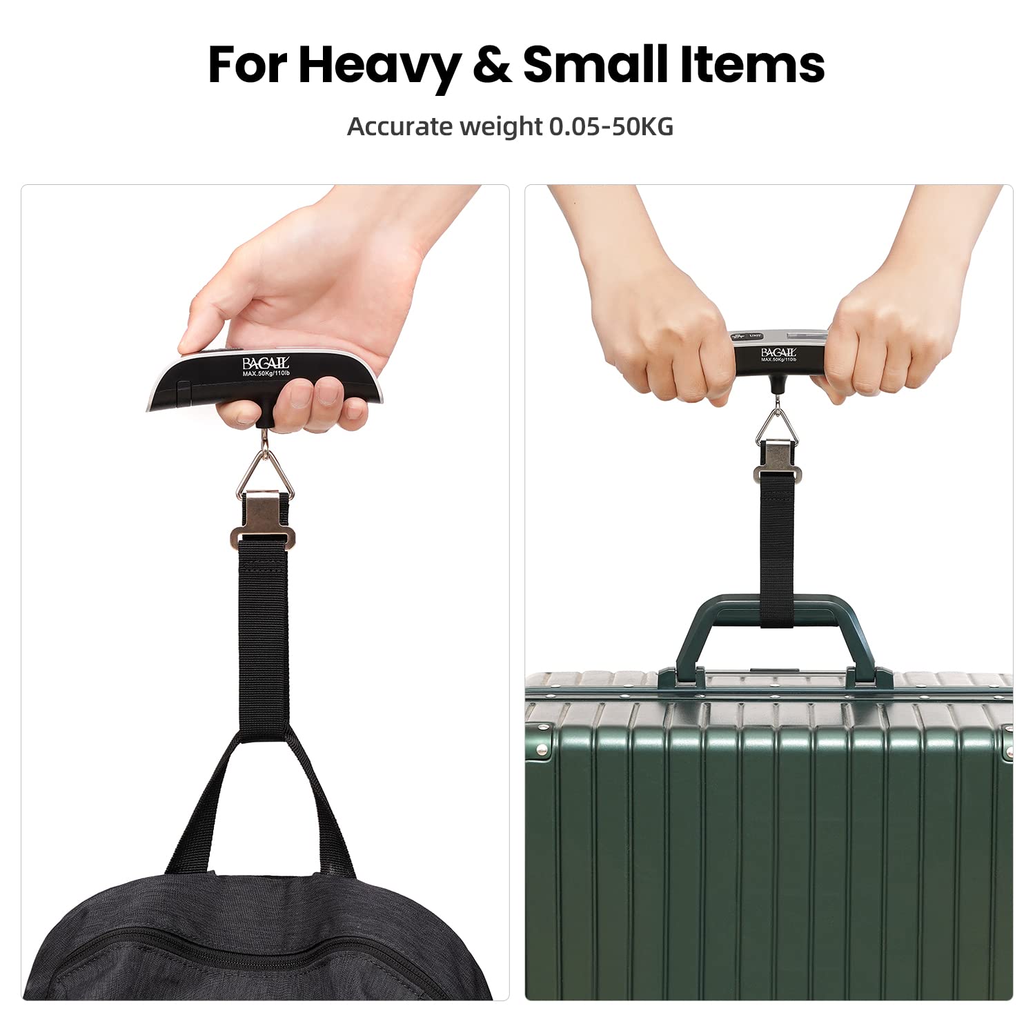 BAGAIL Digital Luggage Scale,110lbs Hanging Baggage Scale with Backlit LCD Display,Portable Suitcase Weighing Scale,Travel Luggage Weight Scale with Hook,Strong Straps for Travelers.(Silver with Temp）