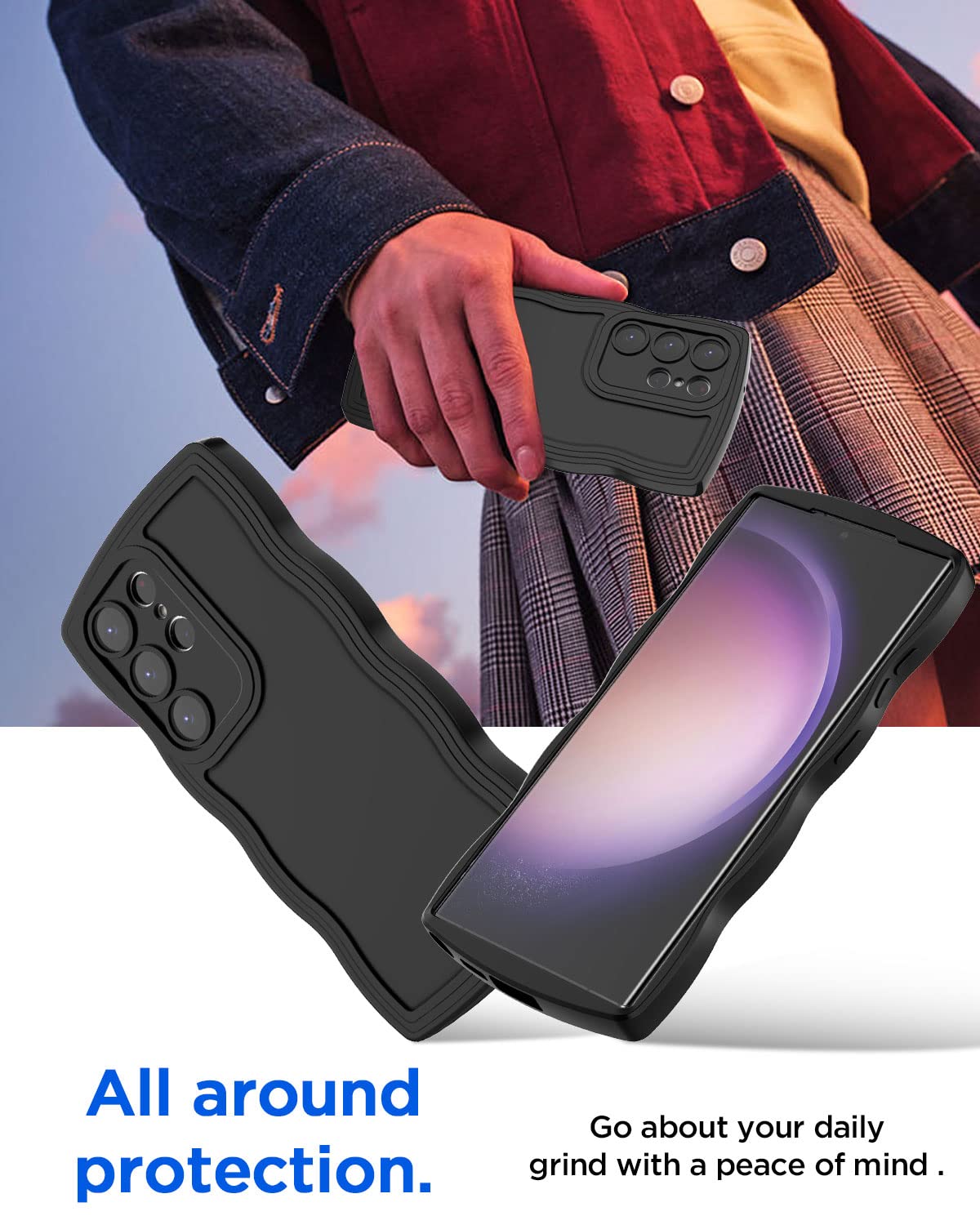 AICase Cute Solid Color Curly Wave Frame Soft Compatible with Samsung Galaxy Phone Case (Black, Galaxy S20 Ultra)