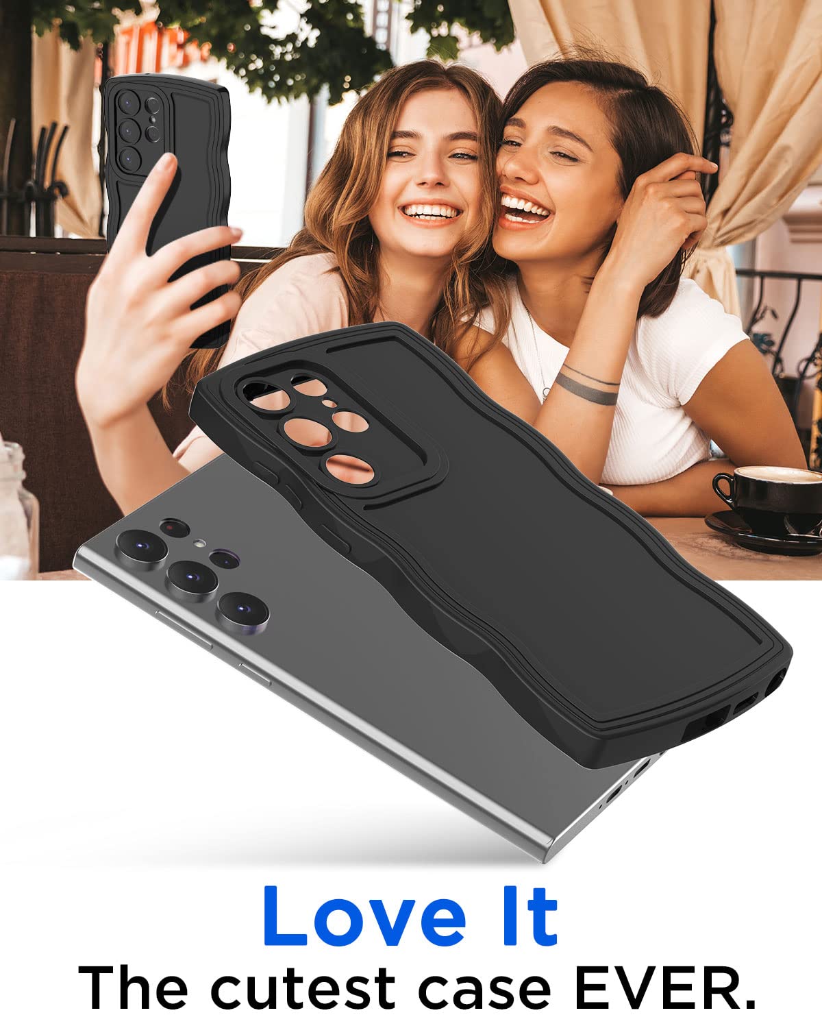 AICase Cute Solid Color Curly Wave Frame Soft Compatible with Samsung Galaxy Phone Case (Black, Galaxy S20 Ultra)