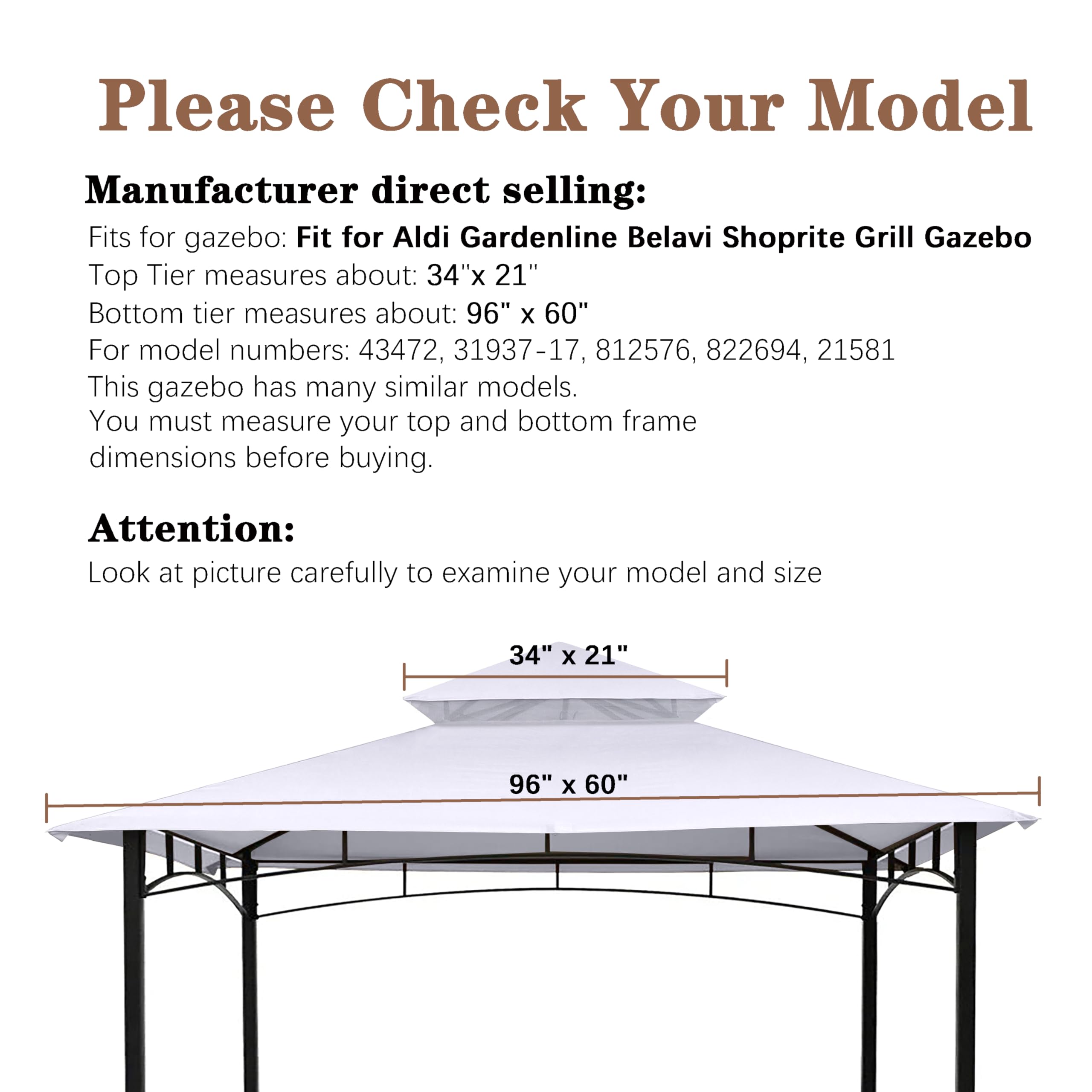 SCOCANOPY Heavy Duty Grill Replacement Canopy BBQ Gazebo Top Fit for Aldi Gardenline Belavi Shoprite Grill Gazebo,for Model Number: 43472,812576,822694,31937-17,21581,White