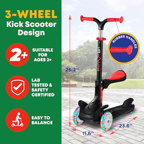 Kids Scooter – Foldable Seat – LED Wheel Lights Illuminate When Rolling – Children and Toddler 3 Wheel Kick Scooter – Adjustable Handlebar – Indoor and Outdoor- Pink - by Lifemaster