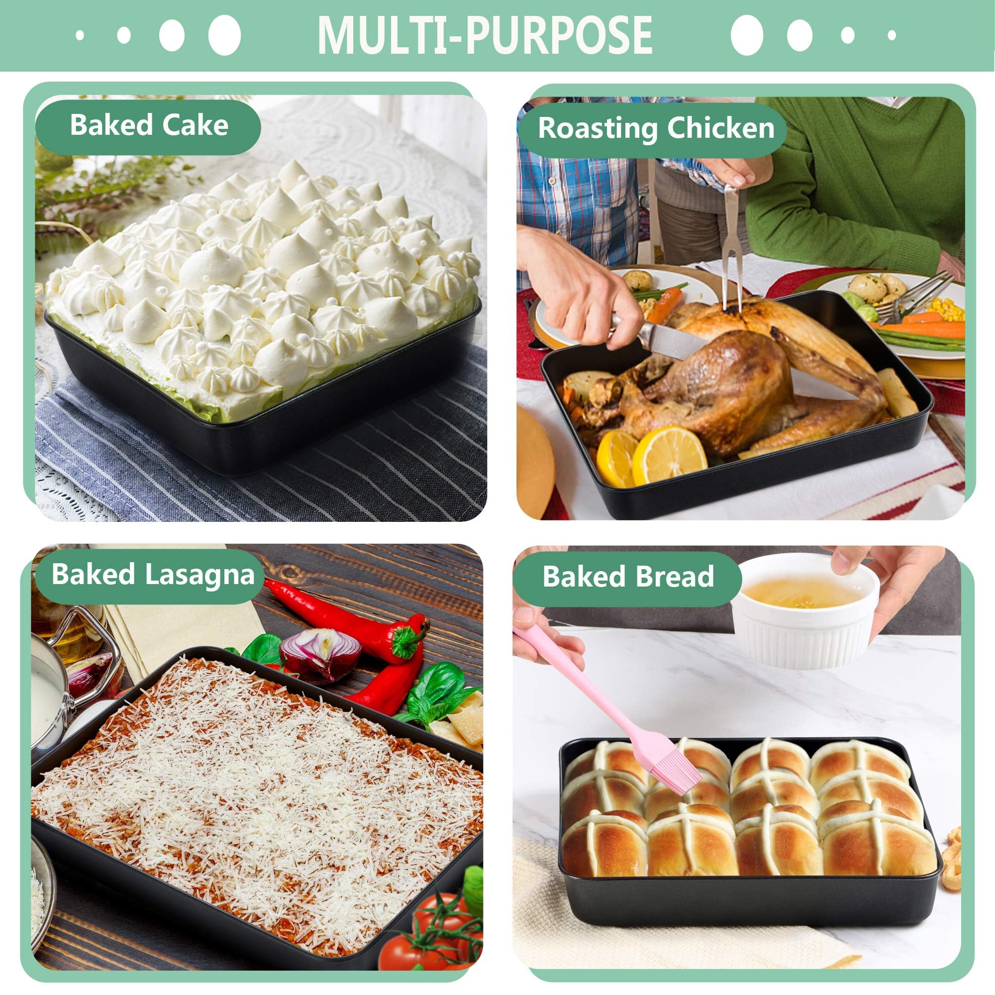 LIANYU 2 Pack Stainless Steel Baking Pan with Lid, 12⅖ x 9¾ x 2 Inch Lasagna Rectangle Cake Pan, Black Nonstick Bakeware for Brownie Bread Chicken, Stackable, Oven Safe