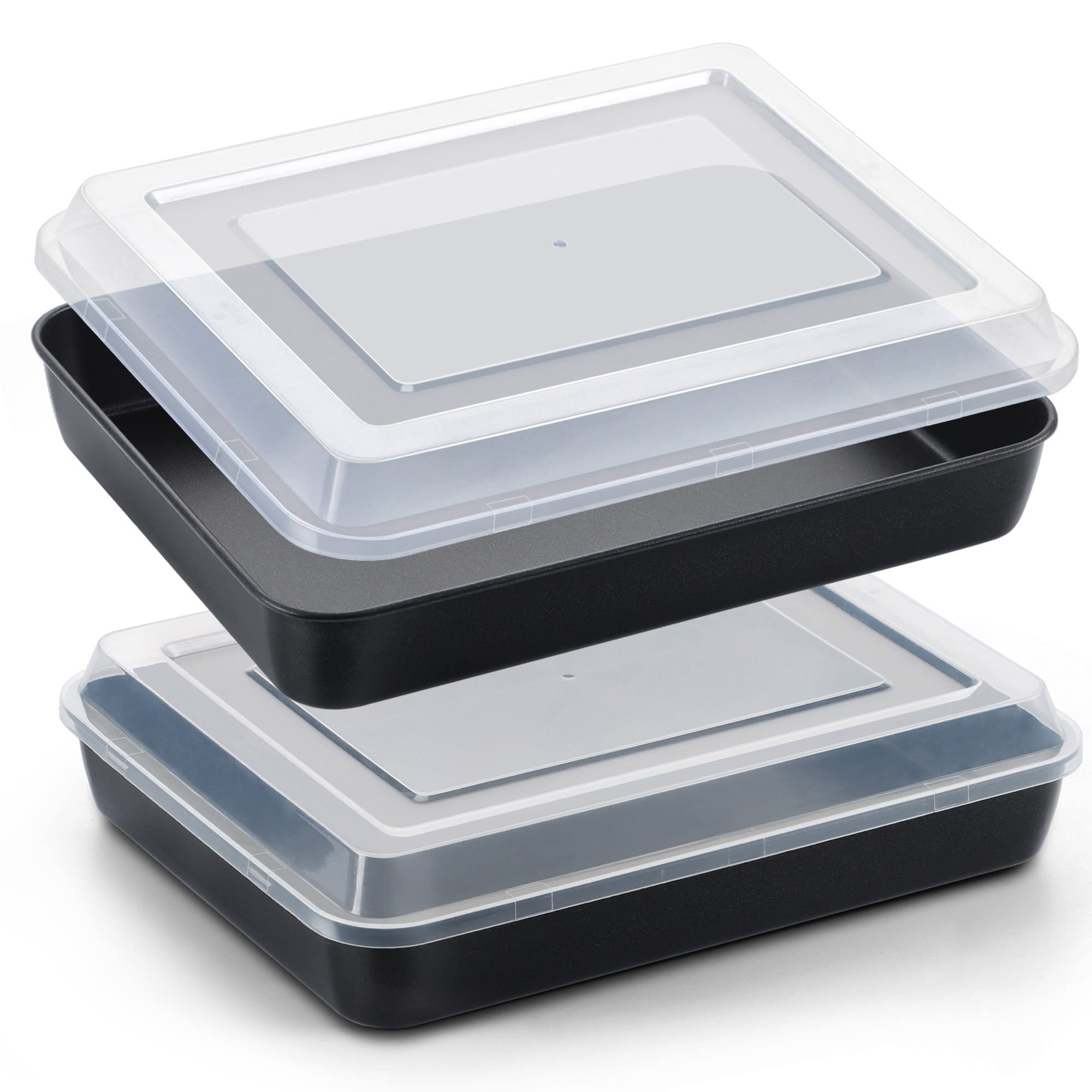 LIANYU 2 Pack Stainless Steel Baking Pan with Lid, 12⅖ x 9¾ x 2 Inch Lasagna Rectangle Cake Pan, Black Nonstick Bakeware for Brownie Bread Chicken, Stackable, Oven Safe