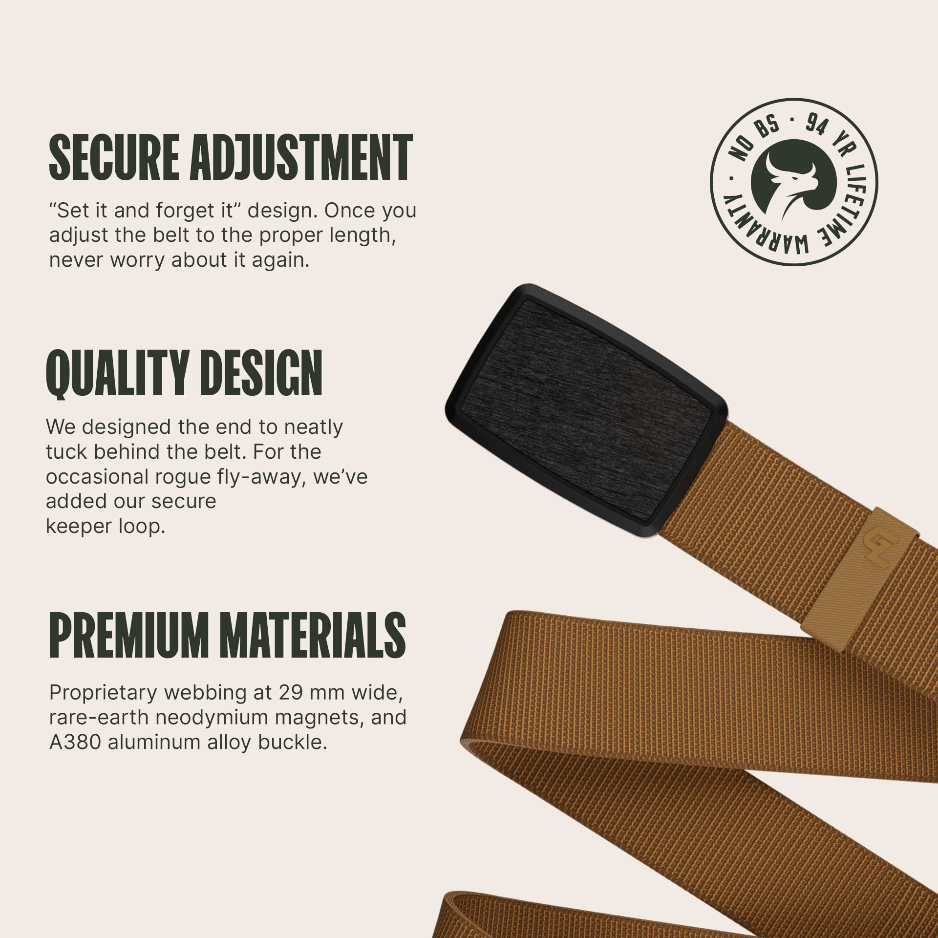 Groove Life Groove Belt Low Profile Midnight/Buck - Men's Stretch Nylon Belt with Magnetic Aluminum Buckle, Lifetime Coverage - Large (37-40")