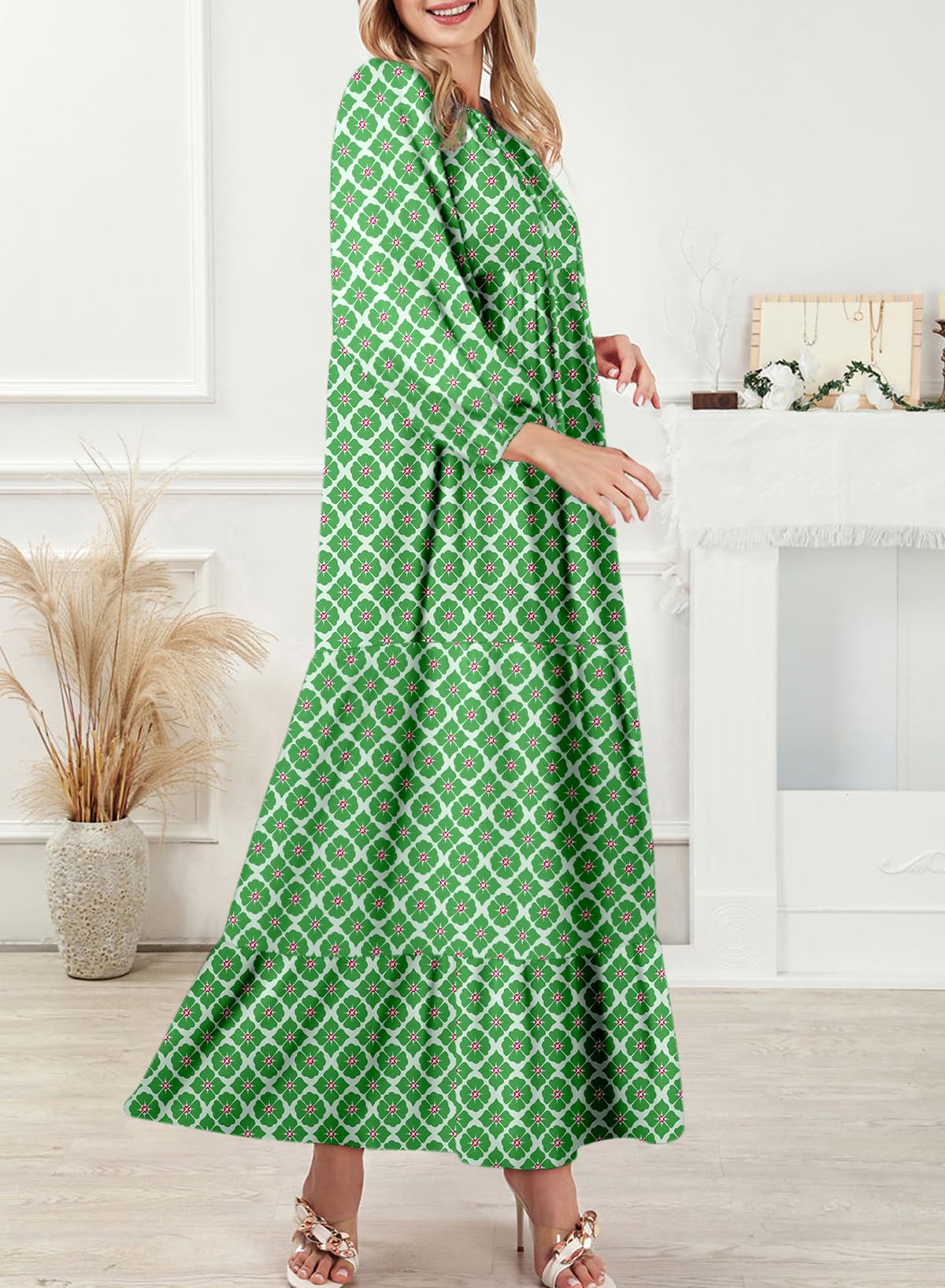 Dokotoo Womens Sundresses V Neck Boho Maxi Dress Puff Sleeve Long Dresses Ruffle A Line Flowy Beach Dresses X-Large Multicolor